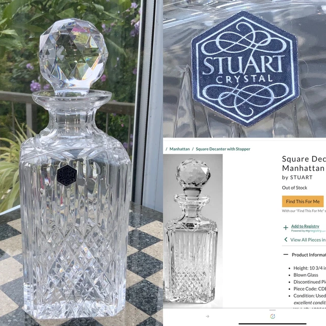 RARE NEW STUART Crystal 10 3/4” MANHATTAN CUT Crystal Decanter Label ...