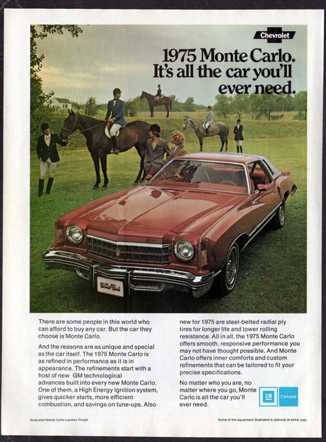 1975 CHEVROLET MONTE Carlo Vintage Original Print AD Red car horses ...