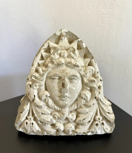 ANCIEN ANTÉFIXE MASCARON statue sculpture tête XVII globe terre bois ...