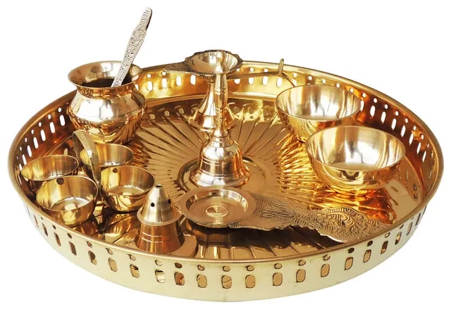 BRASS PUJA THALI Set With Multiple Items Hindu Pooja Plate 11*11*1.4 ...