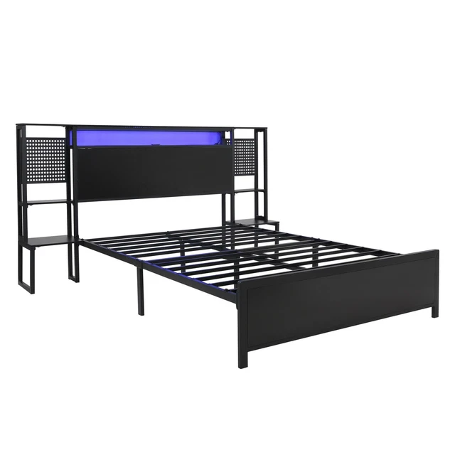 4FT6 DOUBLE METAL Bed Frame w/ LED Strip, Charging, Headboard w ...