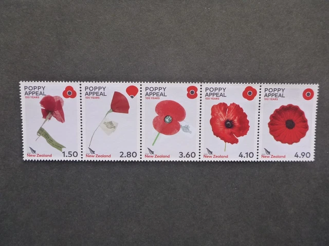 NEW ZEALAND 2022 100th ANNIV POPPY APPEAL STRIP 5 MINT STAMPS $26.00 ...