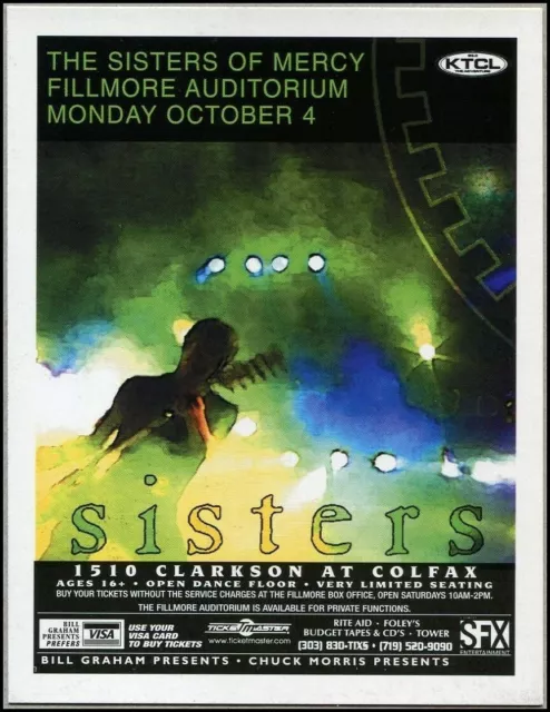 1999 THE SISTERS of Mercy Fillmore Auditorium Rock Concert Handbill £4. ...