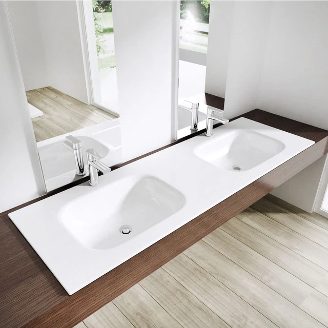 BATHROOM WASH BASIN Stone Resin Semi-Recessed Double Sink Vanity White ...