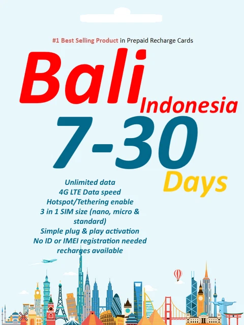 BALI INDONESIA 7-30 days Travel SIM card Unlimited Data 4G Indo XL ...