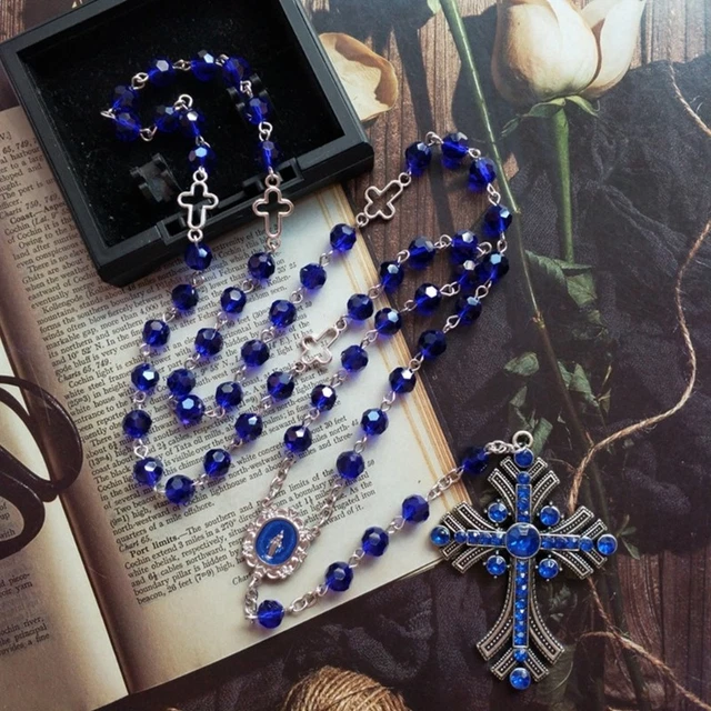 8MM BLUE CRYSTAL Bead Rosary Necklace Catholic Religious Jewelry for ...