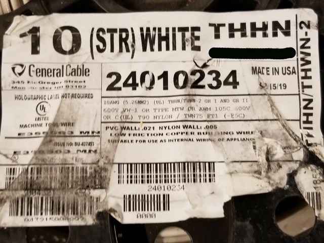 GENERAL CABLE #10AWG 19 Stranded THHN/THWN-2/MTW Building Wire White ...