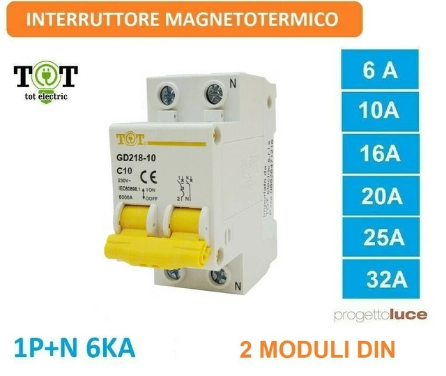 INTERRUTTORE MAGNETOTERMICO BARRA Din 1P+N 230V 6Ka 10A 16A 20A 25A 32A 40A 63A EUR 5,10 ...