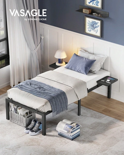 SINGLE BED FRAME Metal with Side Shelves 90x190cm Black £39.64 ...