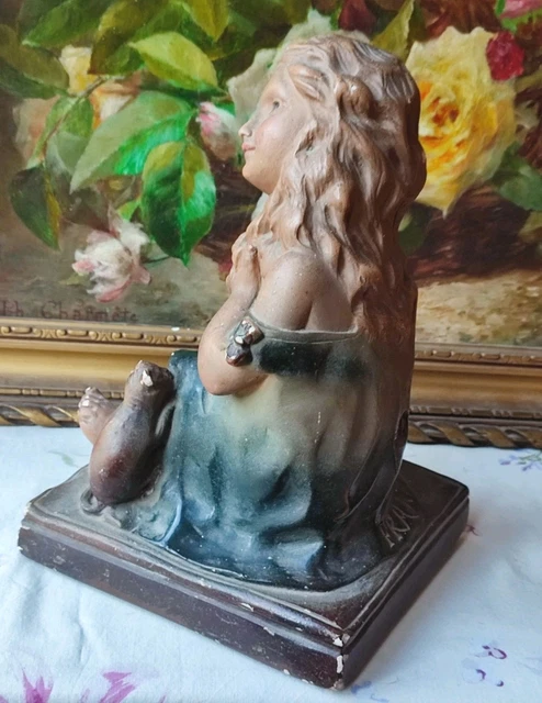 ANCIEN PLÂTRE POLYCHROME Fillette Et Son Chat Marque Déposée France N ...