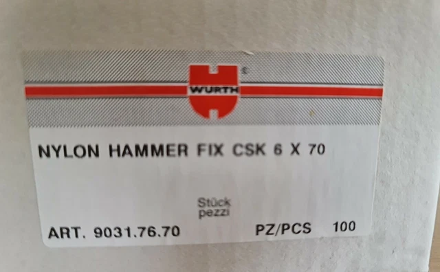 BOX MIT 100 x Wurth Nylon Hammer Befestigungen CSK M6 x 70 mm EUR 11,99 ...