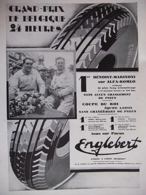 PUBLICITÉ 1929 PNEU ENGLEBERT GRAND PRIX DE BELGIQUE 24 HEURES 1er ALFA ...