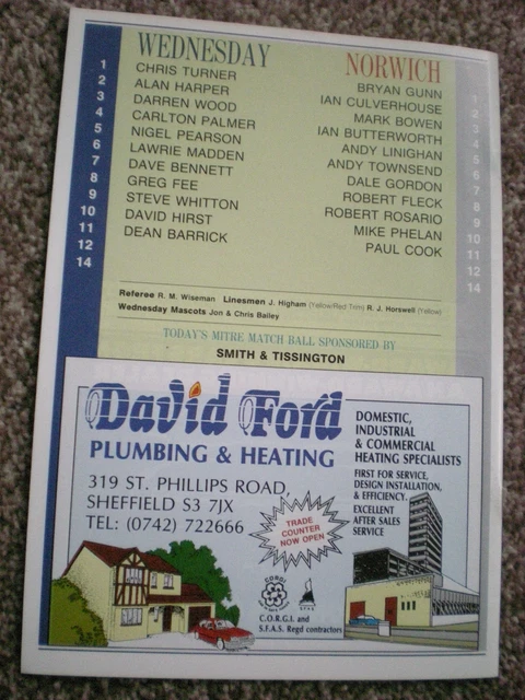 SHEFFIELD WEDNESDAY V NORWICH CITY, 17th May 1989, NO WRITING, MINT ...