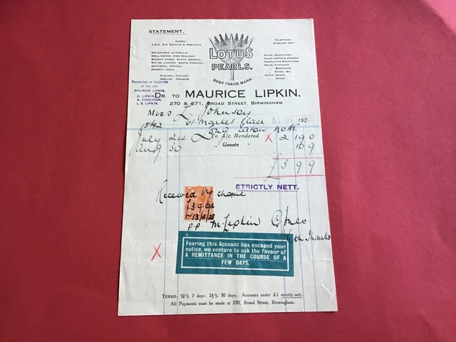 MAURICE LIPKIN 1928 Lotus Pearls Birmingham receipt R34549 £6.00 ...