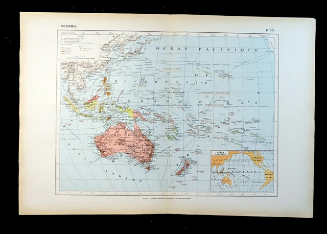 OCEANIA MAP POLYNESIA Micronesia Australia New Zealand FRENCH Antique ...