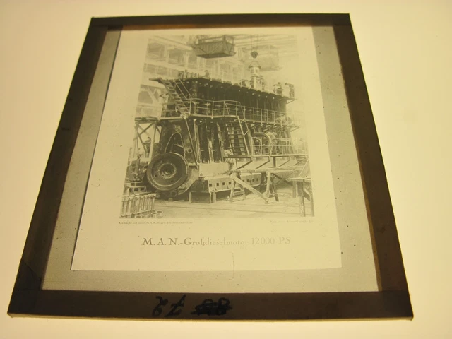 ANCIENNE PLAQUE PHOTO en Verre : MAN Fabrication Gros Moteur Diesel de ...