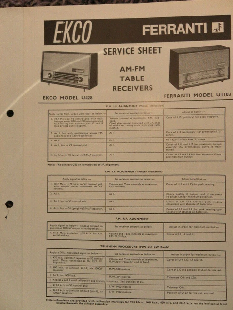 FERRANTI MODEL U1103 Ekco U428 AM FM Table Radio receiver Service ...