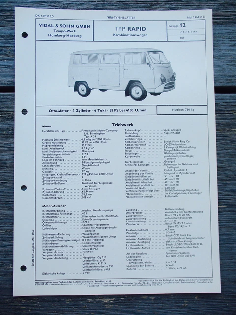 TEMPO RAPID COMBO Bus Brochure VDA Type Sheet 12 184 5/61 £8.56 ...