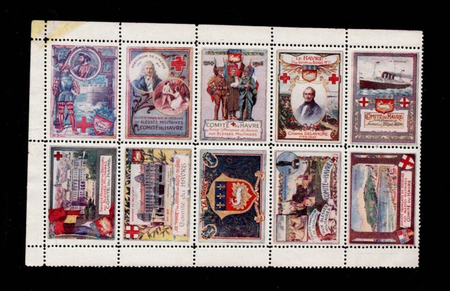 BLOC 10 VIGNETTES DELANDRE patriotiques Le HAVRE poster stamps WWI 1914 ...