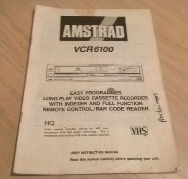 AMSTRAD VCR6100 VHS Video Cassette Recorder Instruction Book User Guide ...