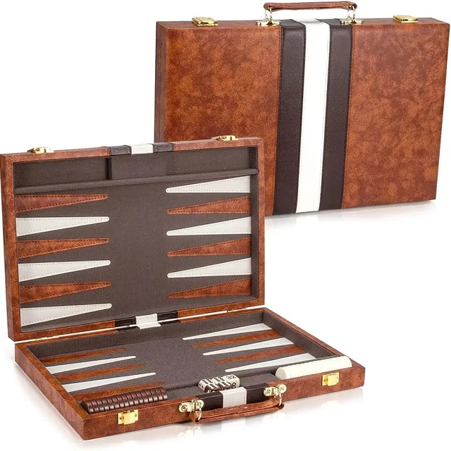 18& PREMIUM LEATHER Backgammon Set Classic Board Game for Adults & Kids ...