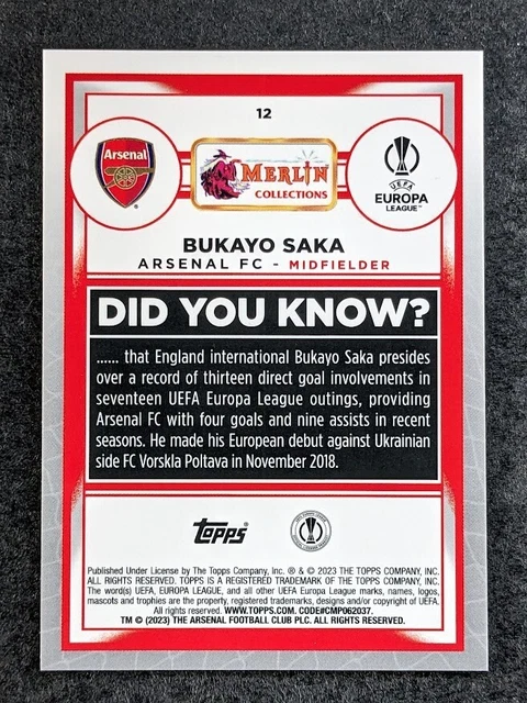 2022-23 TOPPS MERLIN Chrome UEFA BUKAYO SAKA /250 Atomic Refractor Arsenal #12 EUR 2,99 ...