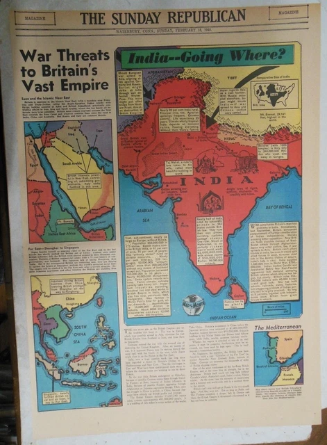 ORIGINAL 1940 WW2 Newspaper Color Map British Empire India Going Where ...