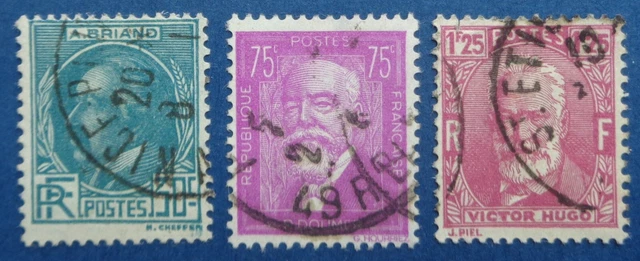 FRANCE OBLITÉRÉS, N°291 à 293, célébrités, Briand, Doumer, Hugo, 1933 ...