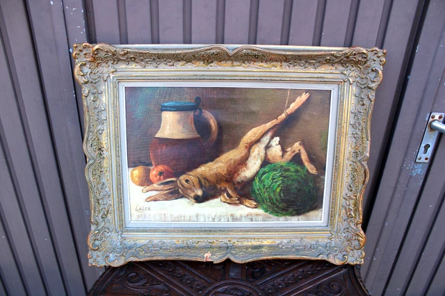 FLEMISH SCHOOL OIL canvas hunting trophy rabbit hare painting signed ...