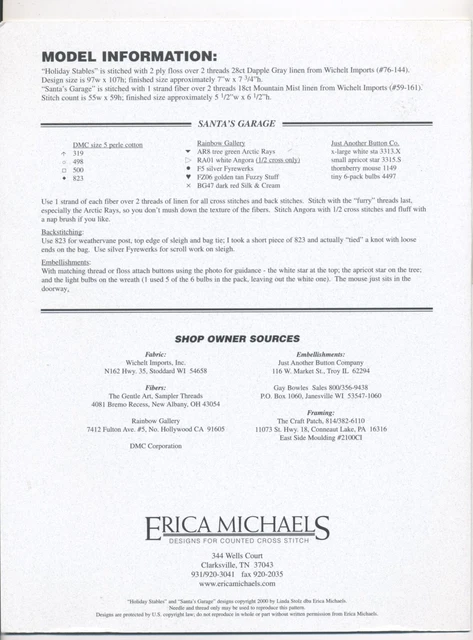 ERICA MICHAEL HOLIDAY STABLES 2 Cross Stitch Charts/Leaflet Only OOP ...
