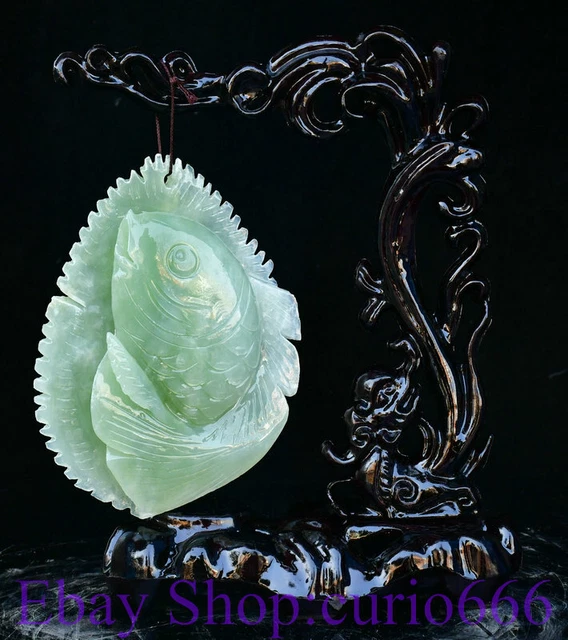 9& CHINESE NATURAL Xiu Jade Carving Feng Shui Fish lucky Wealth Shelf ...