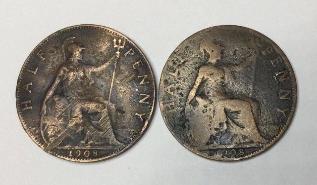 1908 KING EDWARD V11 English,UK Halfpenny coins. A pair, circulated ...