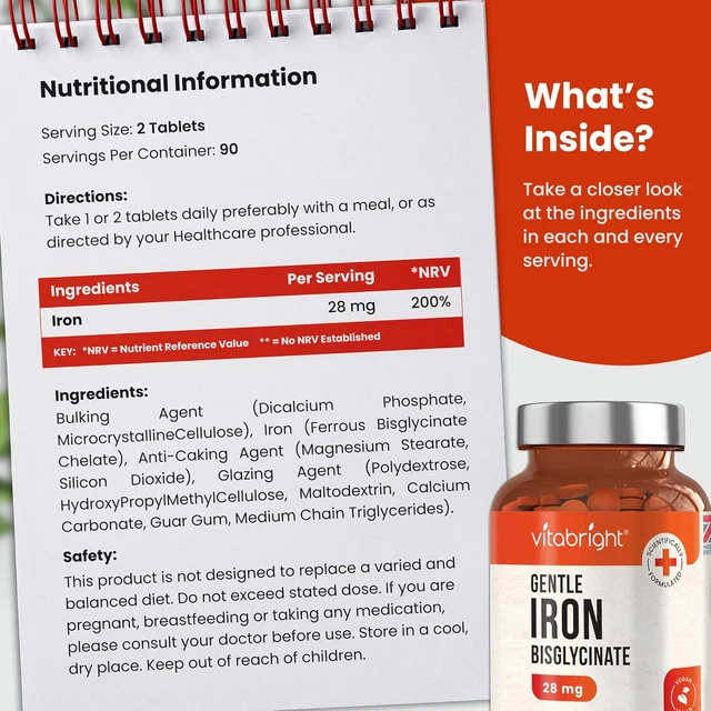 GENTLE IRON TABLETS High Strength 28mg Vegan Chelated (Organic) Iron ...