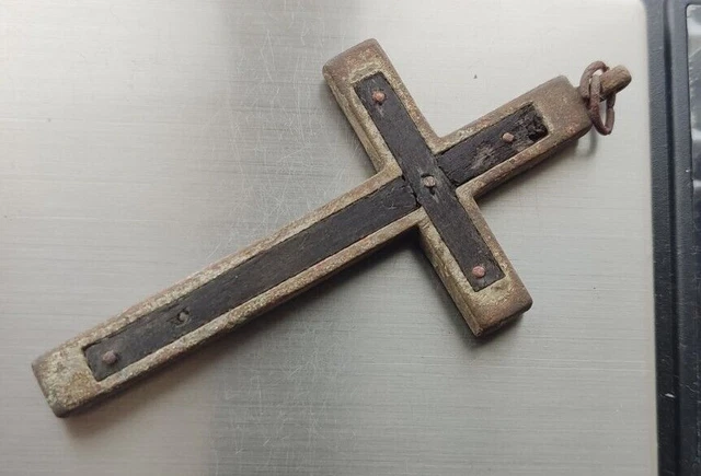 CROIX MÉDIÉVALE DOUBLE face antique avec inserts en bois, Objet ancien ...
