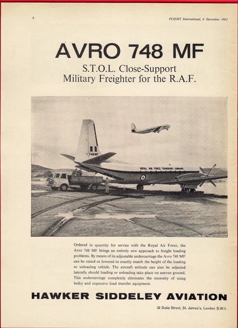 OLD MAGAZINE ADVERT 1962 - Hawker Siddeley - Avro 748 MF - STOL: RAF ...
