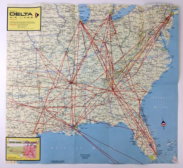 DELTA AIRLINES ROUTE Map Southern Transcontinental West Coast Vintage ...
