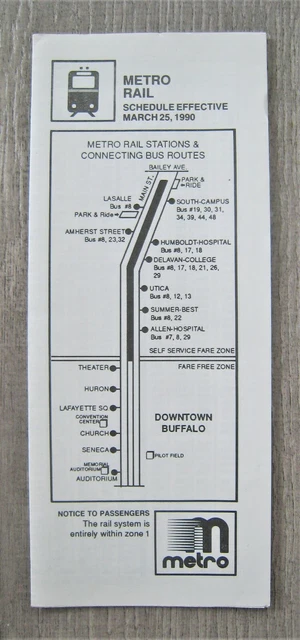 VINTAGE 1990 METRO Rail Light Rail Trolley Timetable Buffalo New York ...