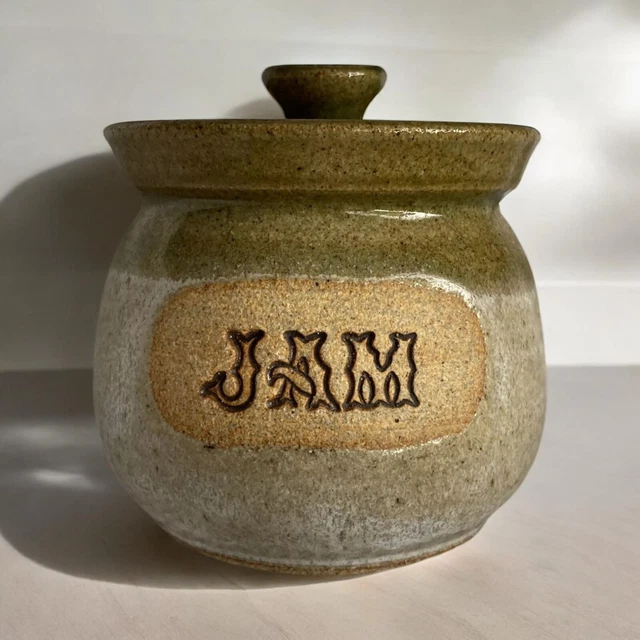 VINTAGE JAM JAR Ceramic Stone Brown Glazed Raised Letters Lidded Signed ...