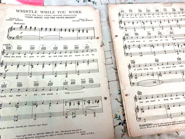 VINTAGE 1937 WHISTLE While You Work Sheet Music Snow White And The ...
