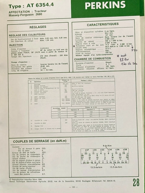 FICHE TECHNIQUE RTMA Moteur PERKINS AT 6354.4 monté sur TRACTEUR MASSEY MF 2680 EUR 7,00 ...