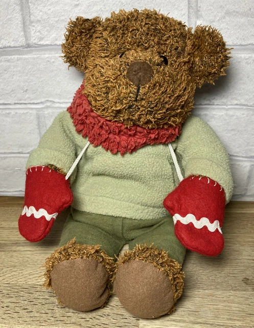 HALLMARK CARDS BROWN TEDDY Bear Red MITTENS Green Sweater Plush STUFFED ...