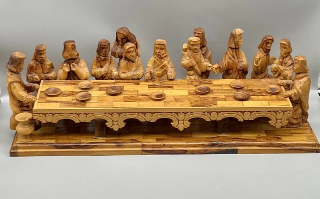VINTAGE OLIVE WOOD The Last Supper Hand Carved Figures Table 20" Long ...