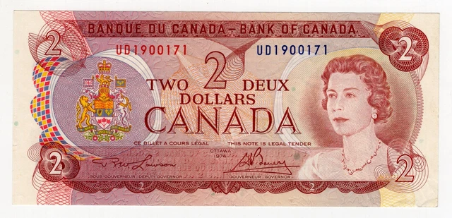 1974 BANK OF Canada Two 2 Dollar Bank Note Ud 1900171 Nice Bill $7.50 ...