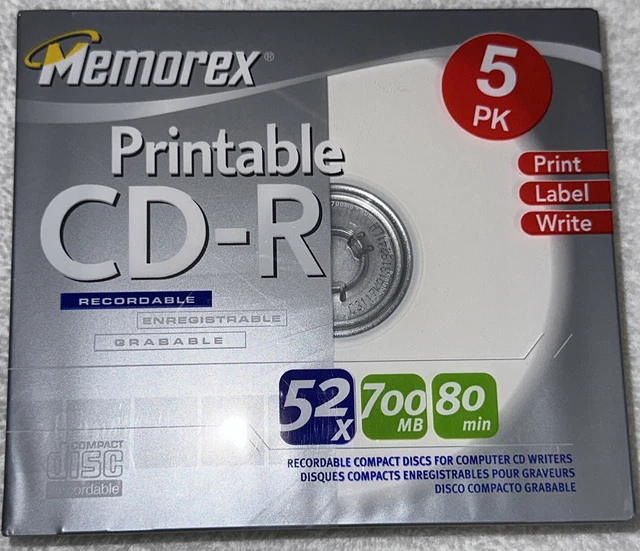 MEMOREX 5PK PRINTABLE(WHITE) Blank CD-R 80min 700MB 52x New Factory ...