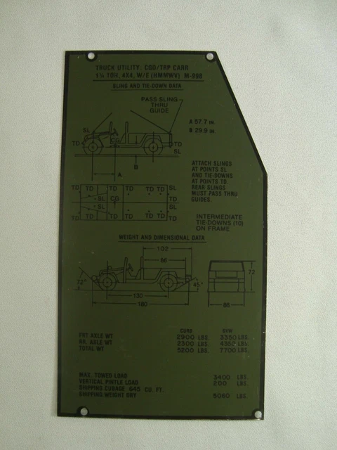 DATENSCHILD M998 HMMWV Humvee Sling And Tie-Down Data Plate New £47.98 ...