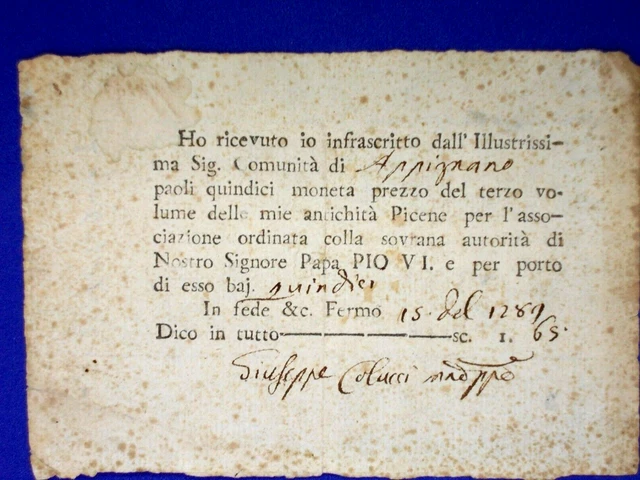 COLUCCI GIUSEPPE FIRMA autografa- Ric. 3° Vol. Antichità Picene ...