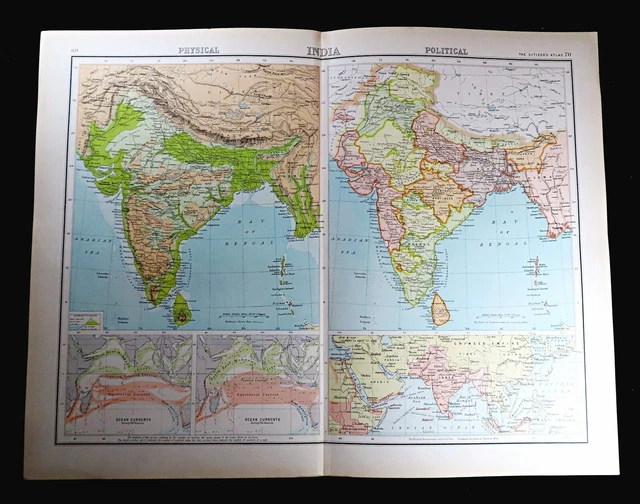 MAP OF INDIA Indian Physical Political Geography Ocean Currents Antique ...