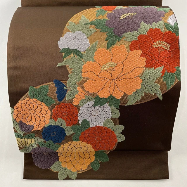 JAPANESE KIMONO FUKURO Kimono Obi Chrysanthemum Peony Foil Dark Brown ...