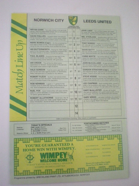 NORWICH CITY v LEEDS UNITED, 28th SEPTEMBER 1991, MINT CONDITION. £4.38 ...