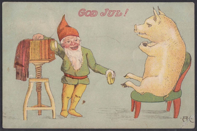 ELF PHOTOGRAPHER POSES Prosperity Good Luck Pig New Year postcard c ...